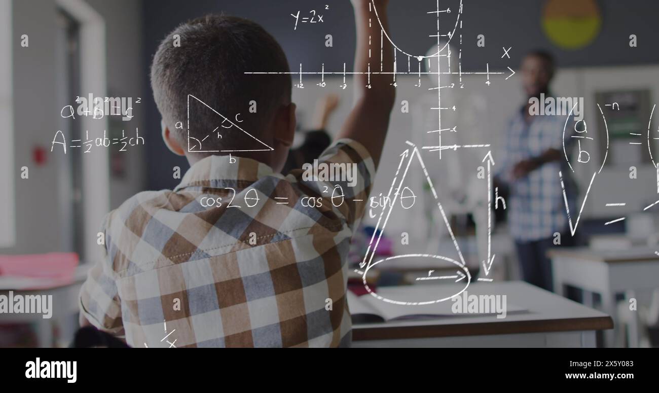 Image of maths calculations over african american male teacher and ...