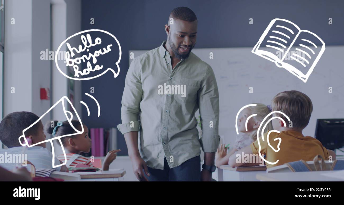 Image of language icons over happy african american male teacher and ...