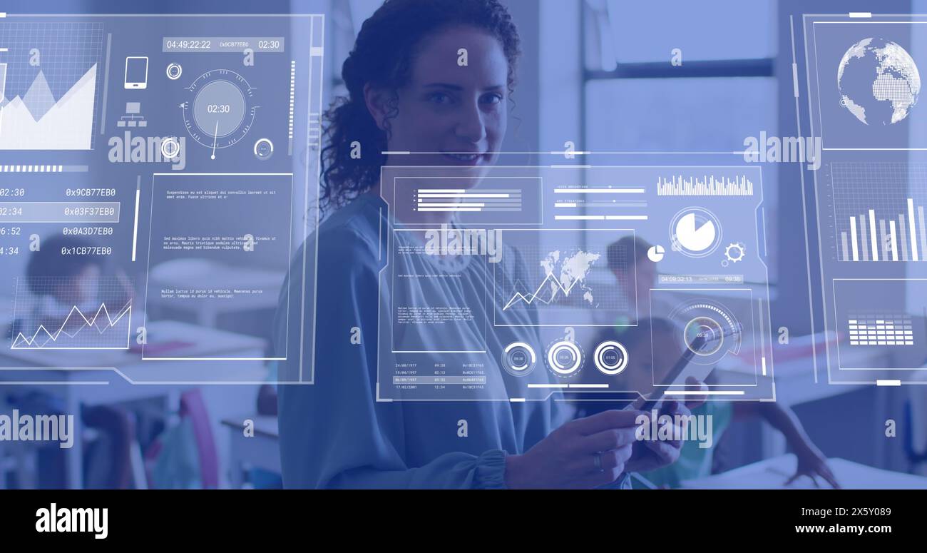 Image of data processing over happy diverse female teacher using tablet ...