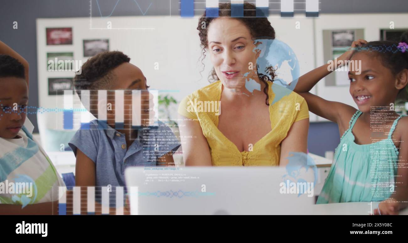 Image of data processing over happy diverse female teacher and pupils ...