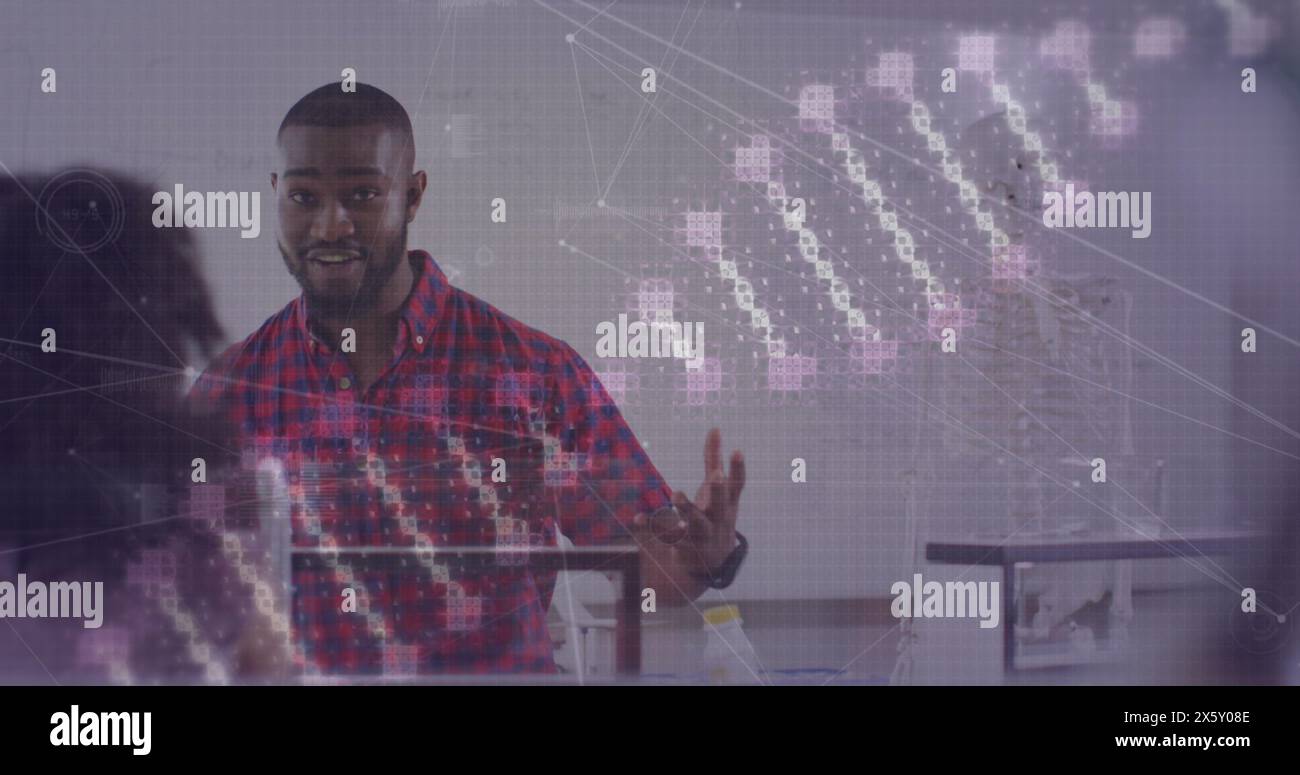 Image of dna strand and data over african american male teacher ...