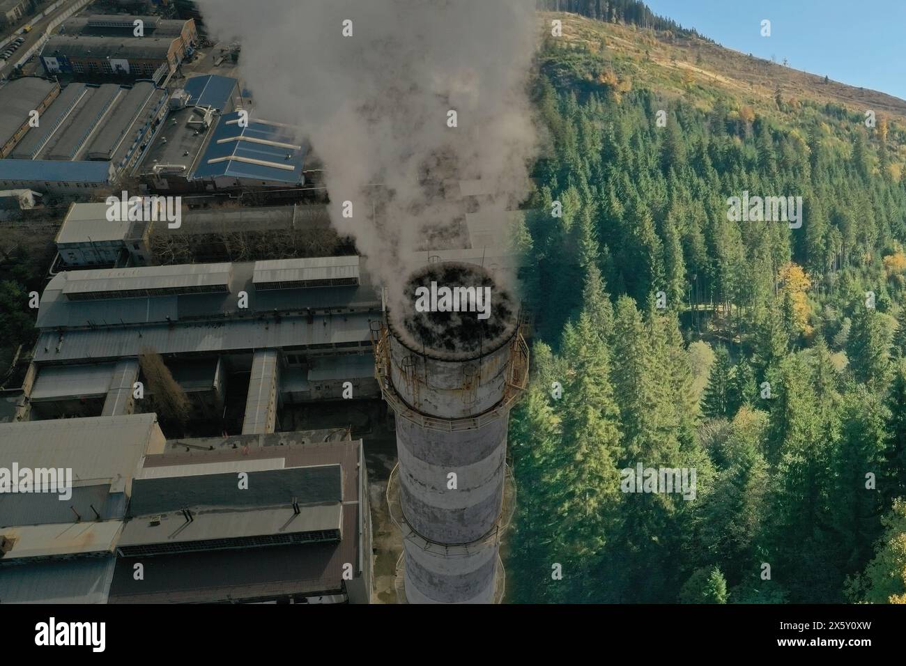 Environmental pollution. Collage divided with smoke into mountain ...