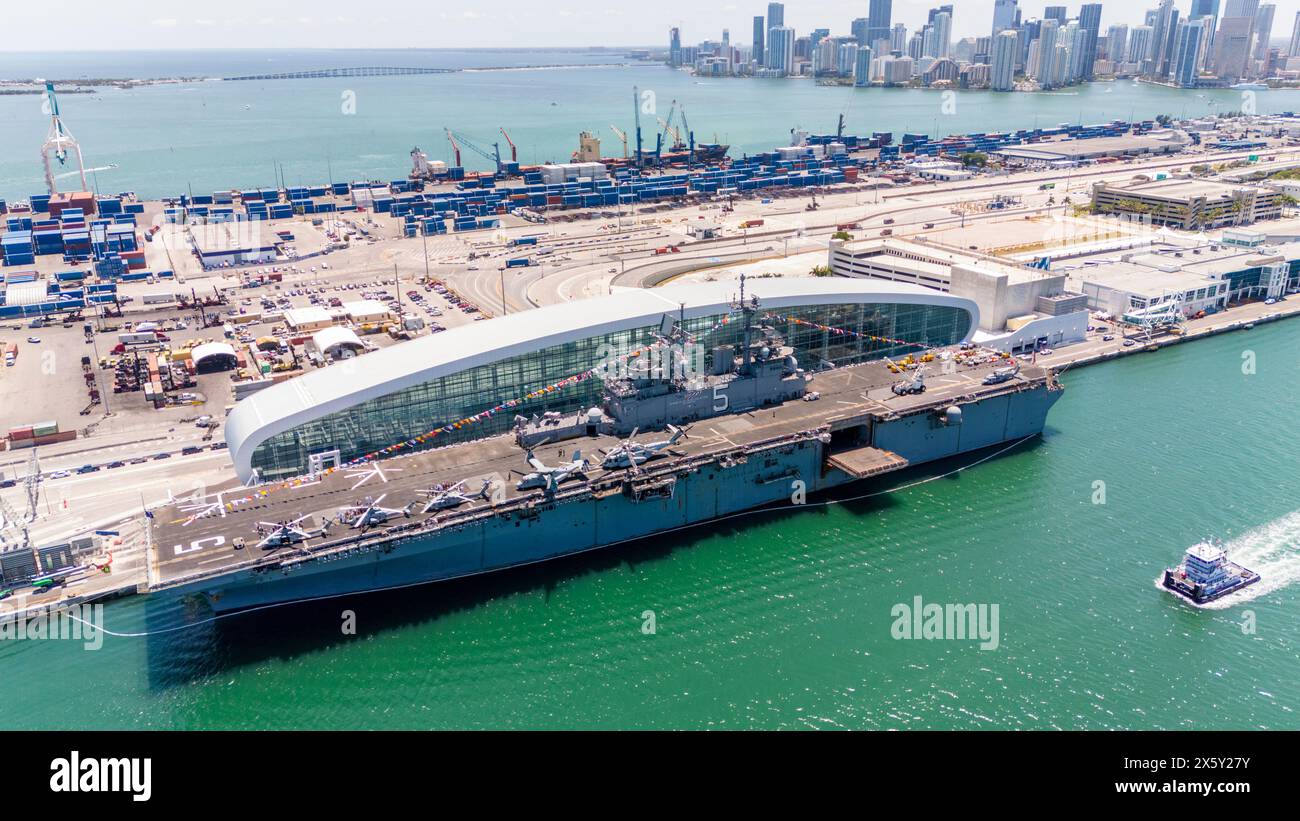Aerial drone photo Miami Fleet Week USS navy ships at Port Miami circa ...