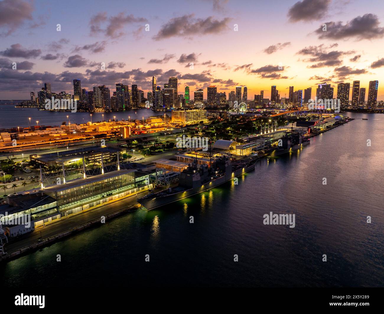 Drone photo Miami Fleet Week 2024. View of sunset over Port of Miami ...