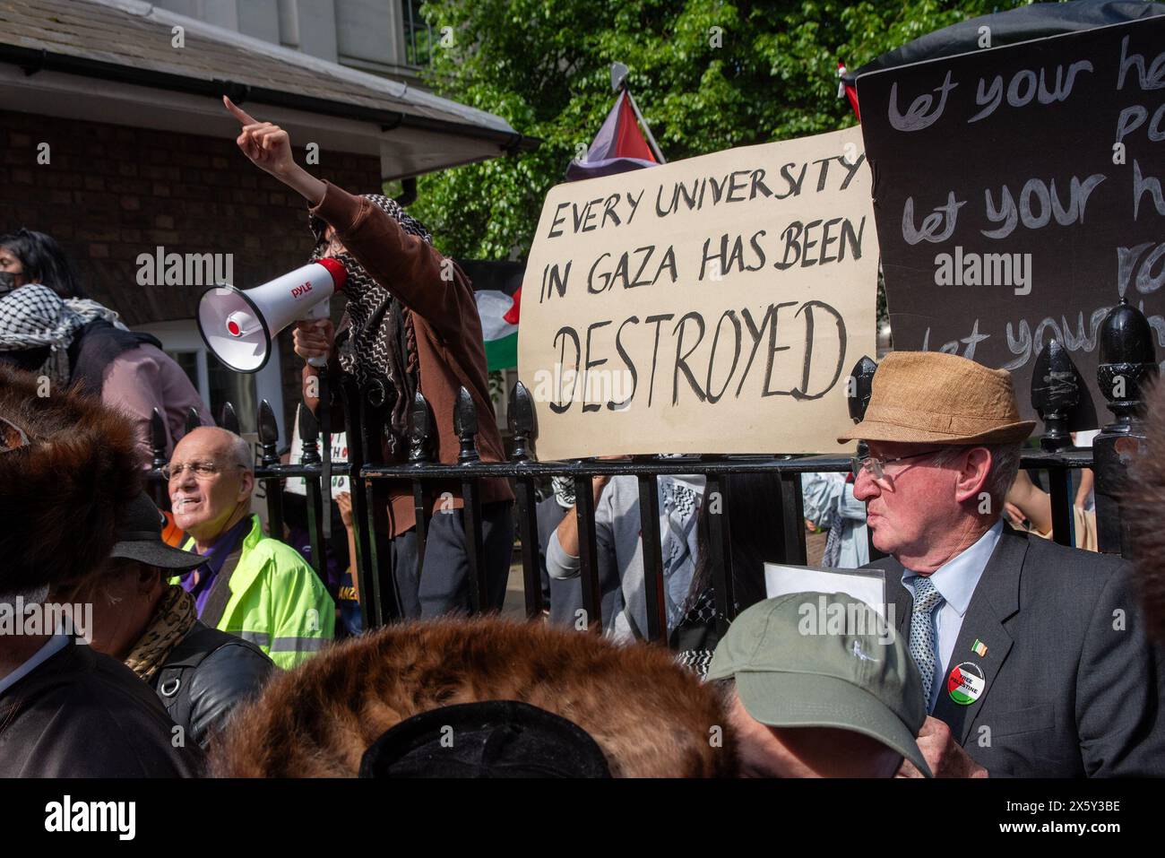 London, UK. 11th May, 2024. A protester shouts slogans on a megaphone ...