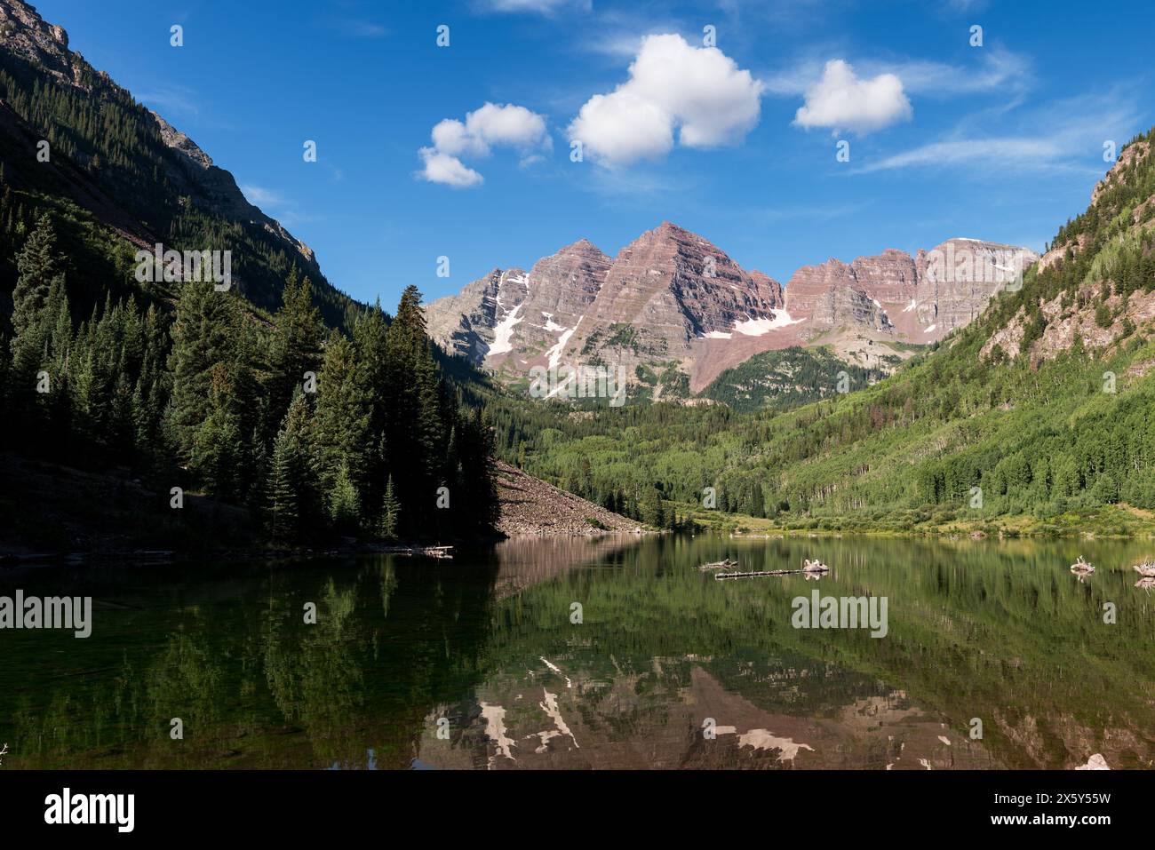 Early Morning View the Maroon Bells in Mid-August, with the reflection ...