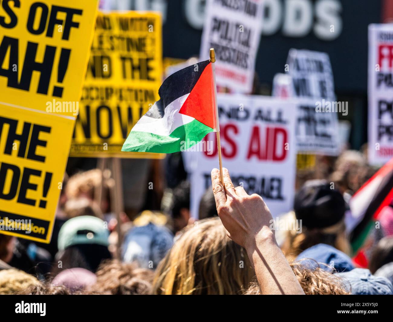 New York, New York, USA. 11th May, 2024. A small Palestinian flag is ...