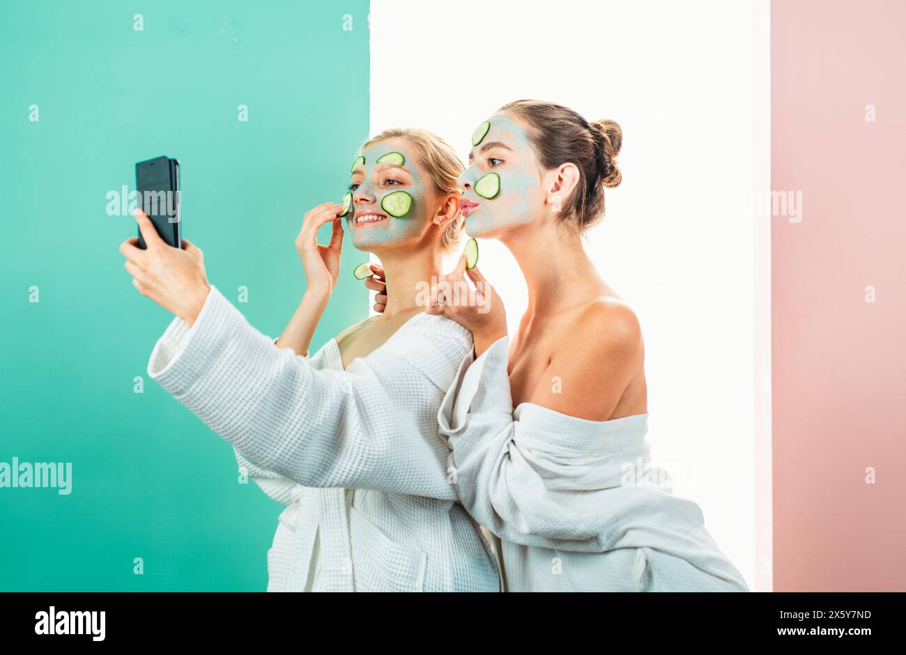 Skin care concept. Face cream. Portrait Of two Beautiful Young Female ...