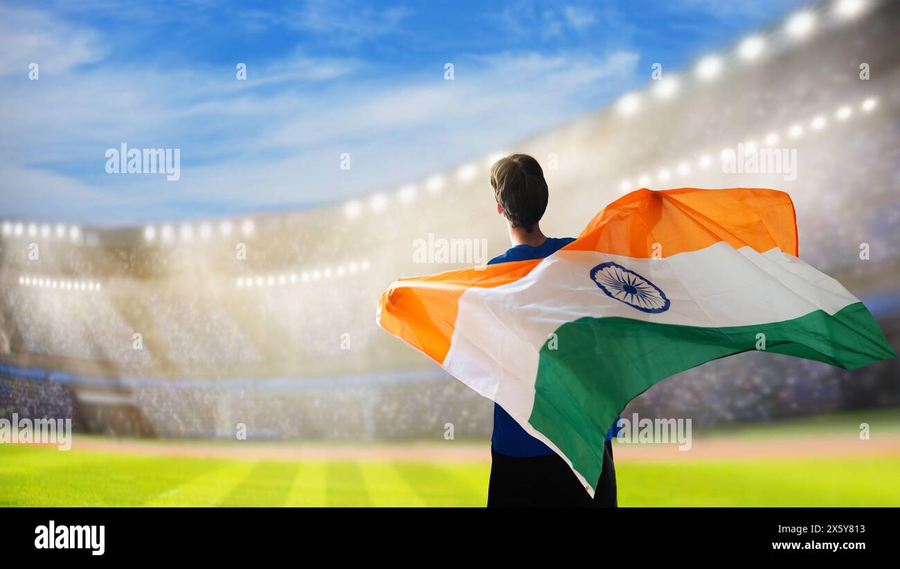 India sport supporter on stadium. Indian fans on cricket, rugby or ...