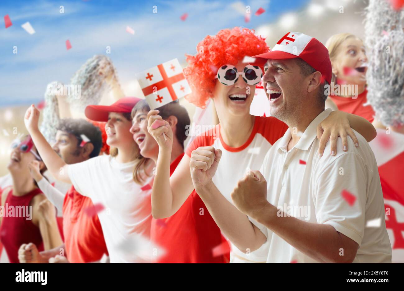 Georgia football supporter on stadium. Georgian fans on soccer pitch ...