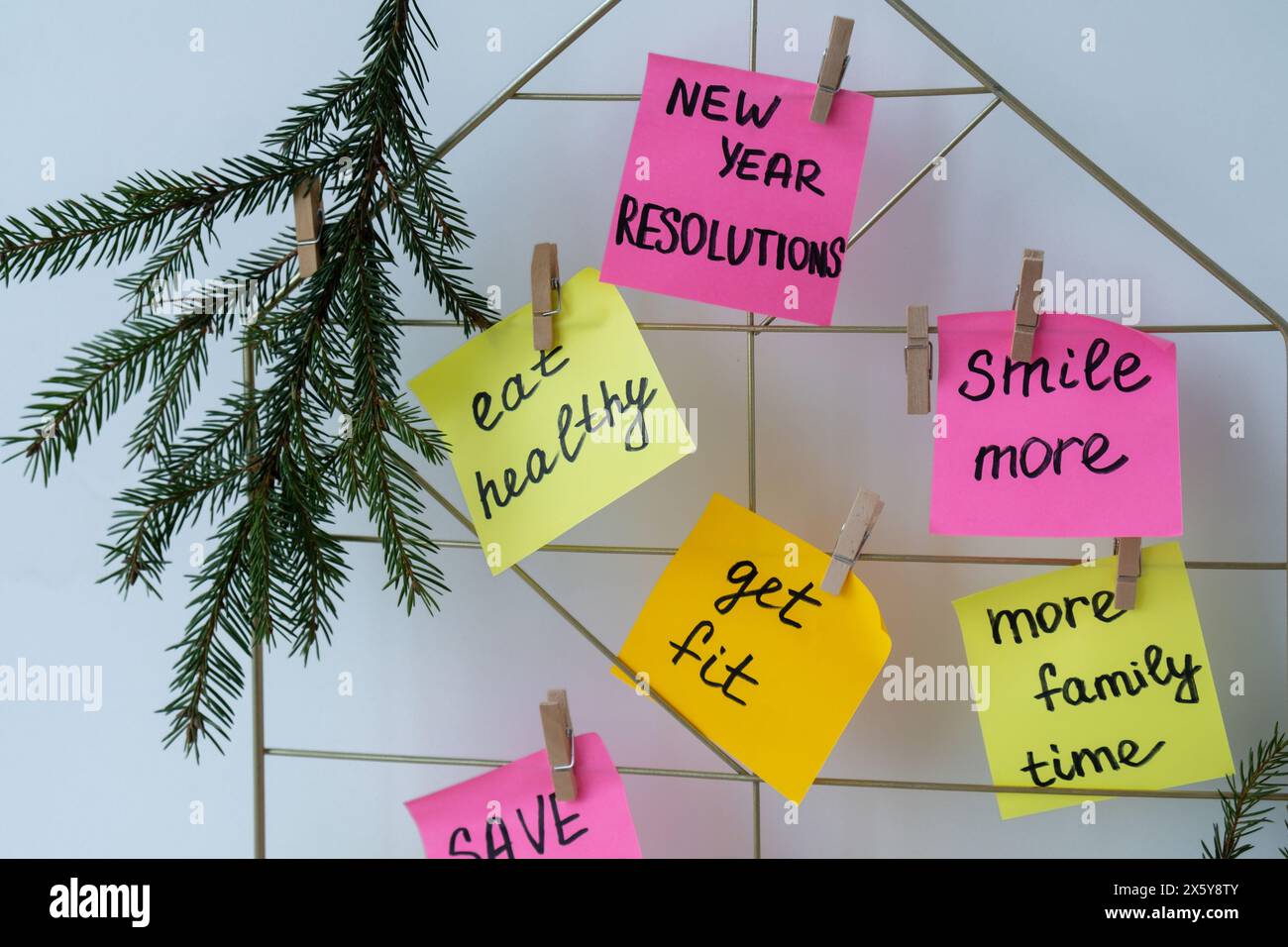 Action board new year's resolutions on colorful sticky notes. Making ...