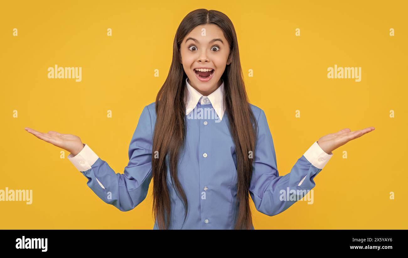 girl offering choice. teen student has happy face. offer and presenting ...