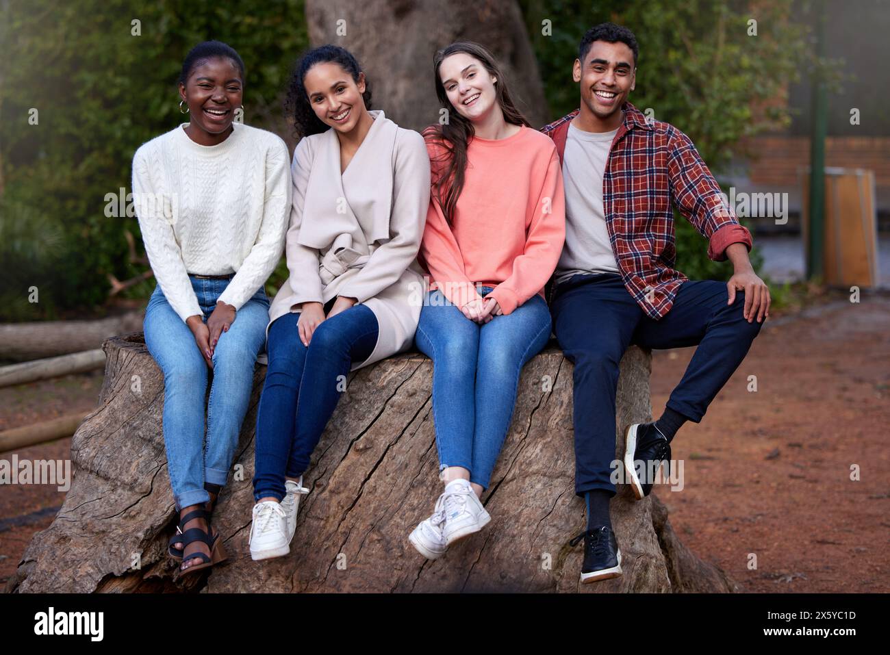 Outdoor, students and hangout in portrait on campus to catch up, chat ...