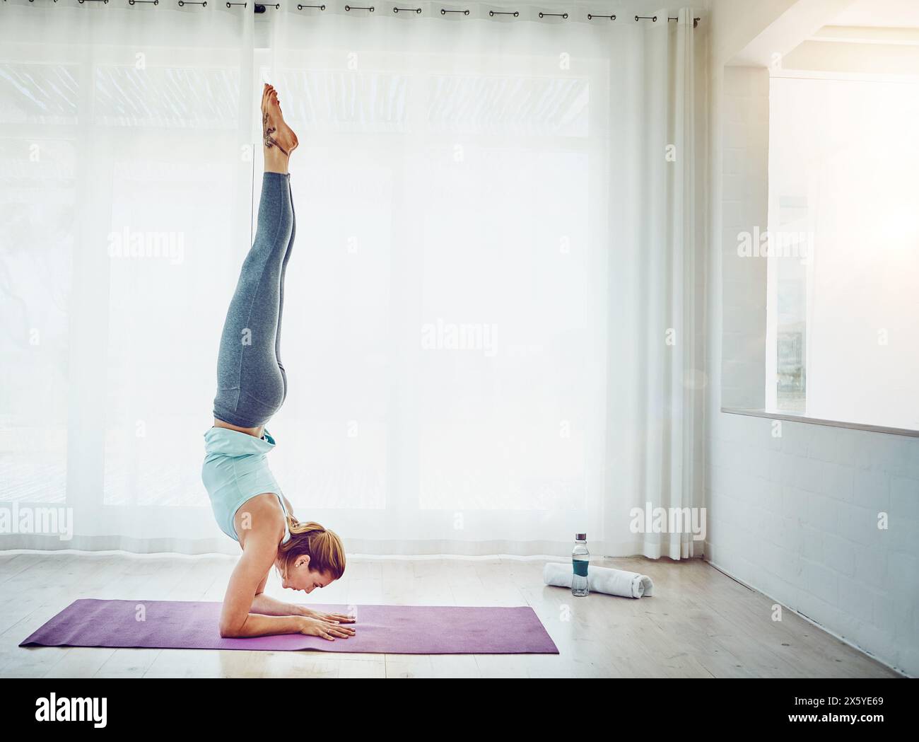 Meditate, woman and forearm balance with yoga for strength, shoulder ...