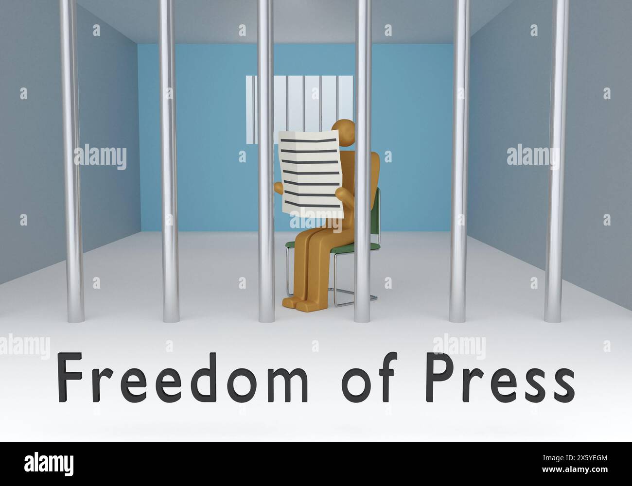 3D illustration of a man sitting on a chair in a prison cell and ...