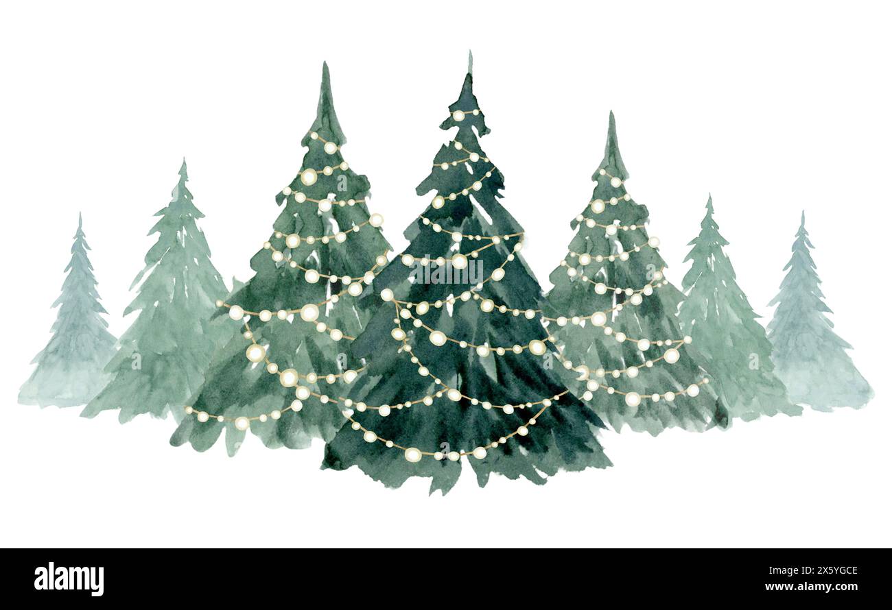 Fir trees in a row decorated with lights garlands watercolor ...