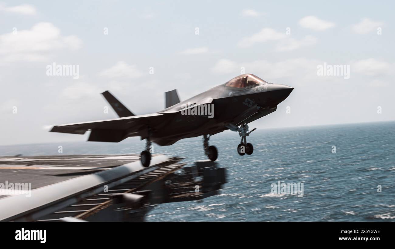 An F-35C Lightning II assigned to Strike Fighter Squadron (VFA) 147 takes off from Nimitz-class ...