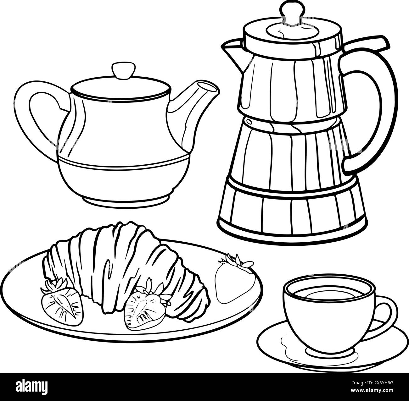 set of illustrations graphics French breakfast with croissants and ...