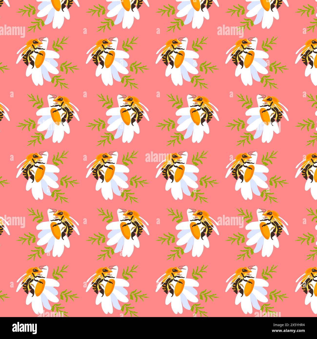 Seamless pattern wildflower daisy bees Garden flower graphic card Red ...