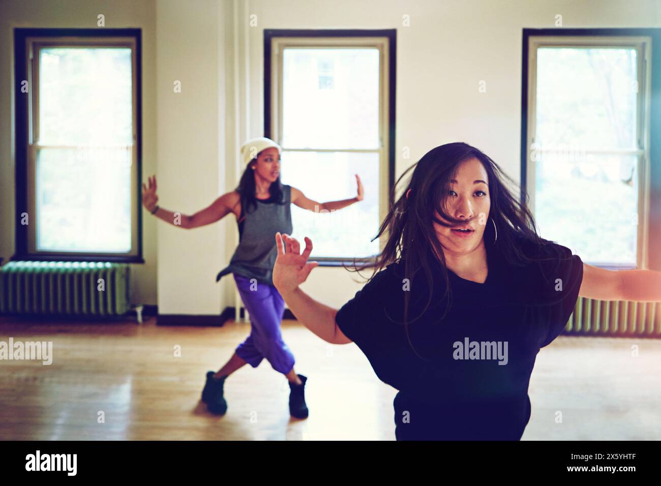 Indoor, hip hop and class of dancer for rehearsal, breakdance or action ...