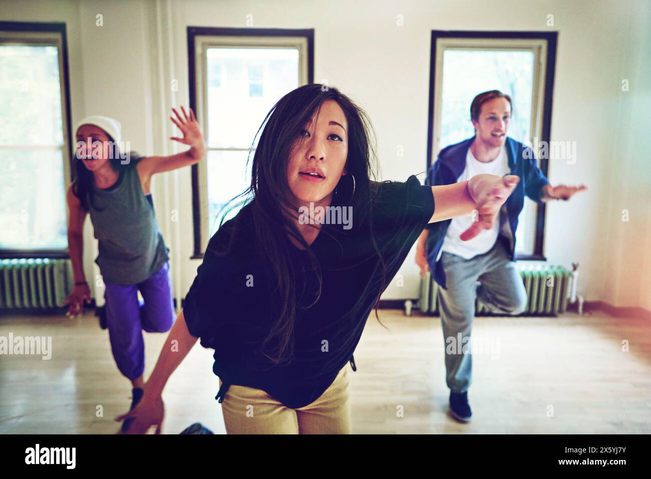 Indoor, hip hop and dancing class for rehearsal, breakdance or action together for performance ...