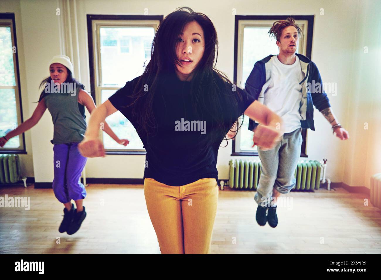 Indoor, hip hop and group of dancers for performance, breakdance or ...