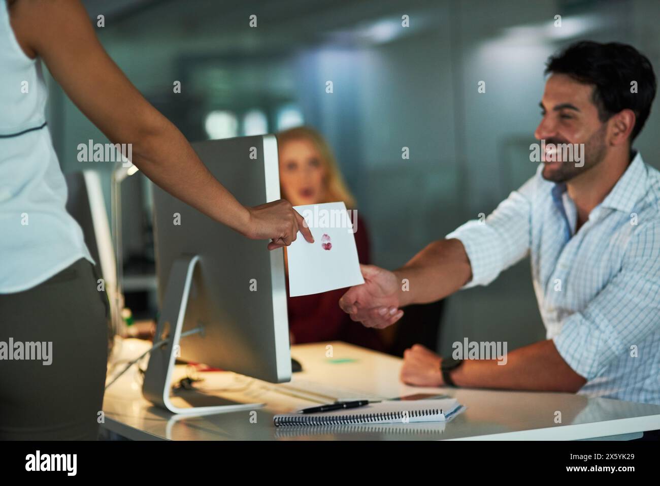 Office, love and business people giving of note for romantic message ...