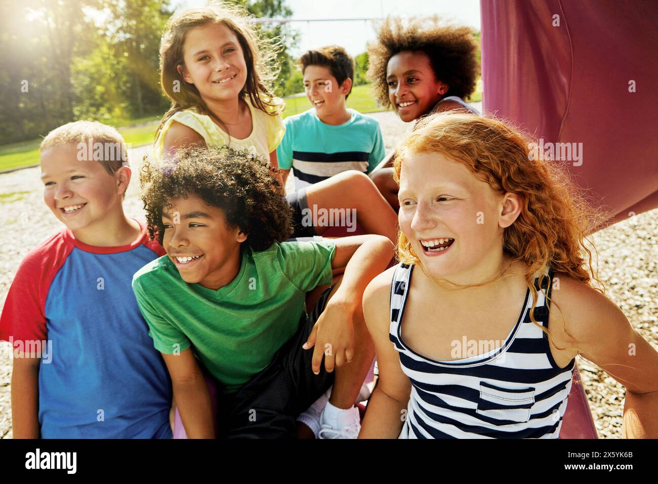Happy, thinking and group of kids outdoor in summer to relax with ...