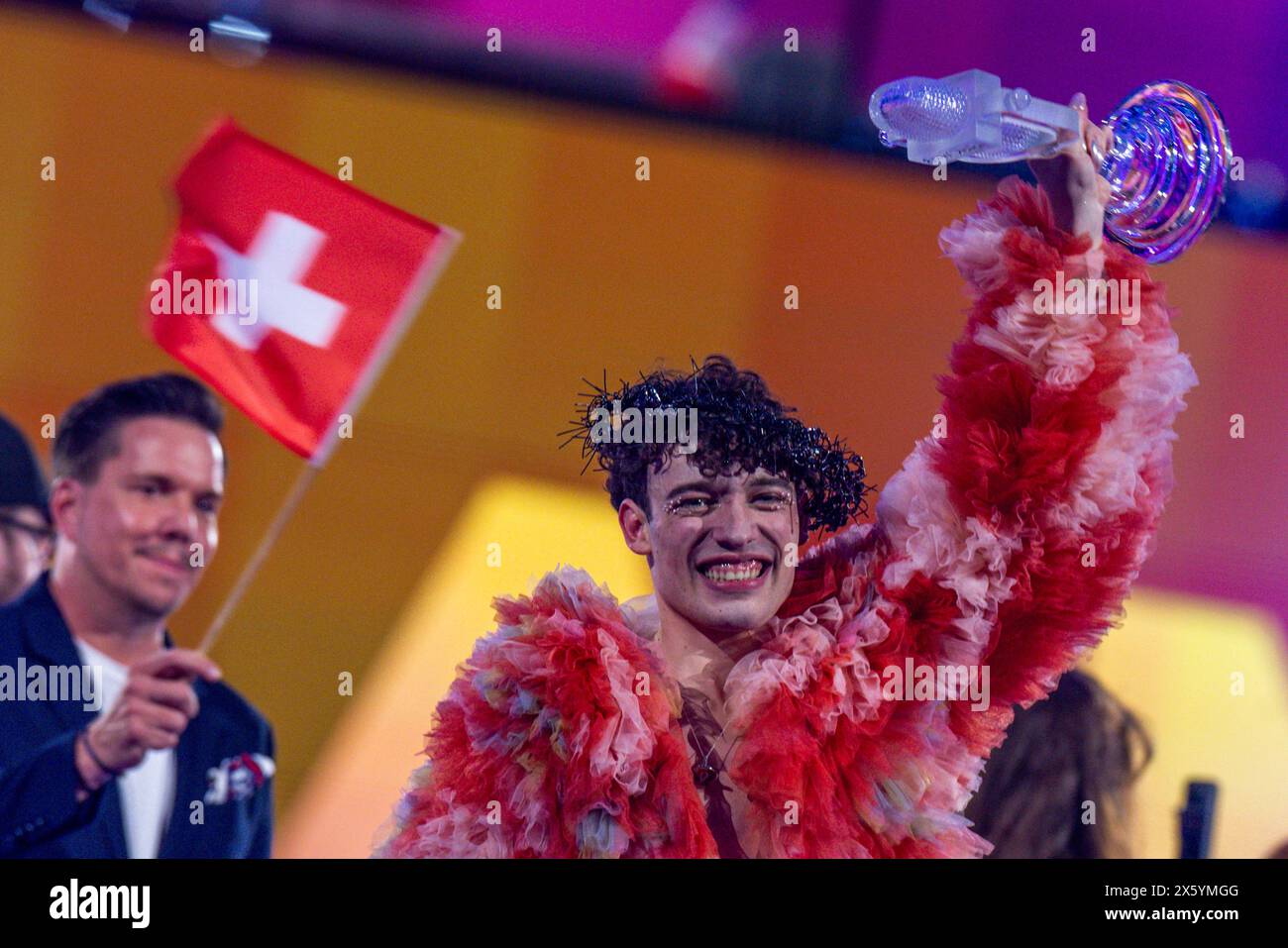 Malmo, Sweden. 12th May, 2024. Nemo from Switzerland celebrates after ...