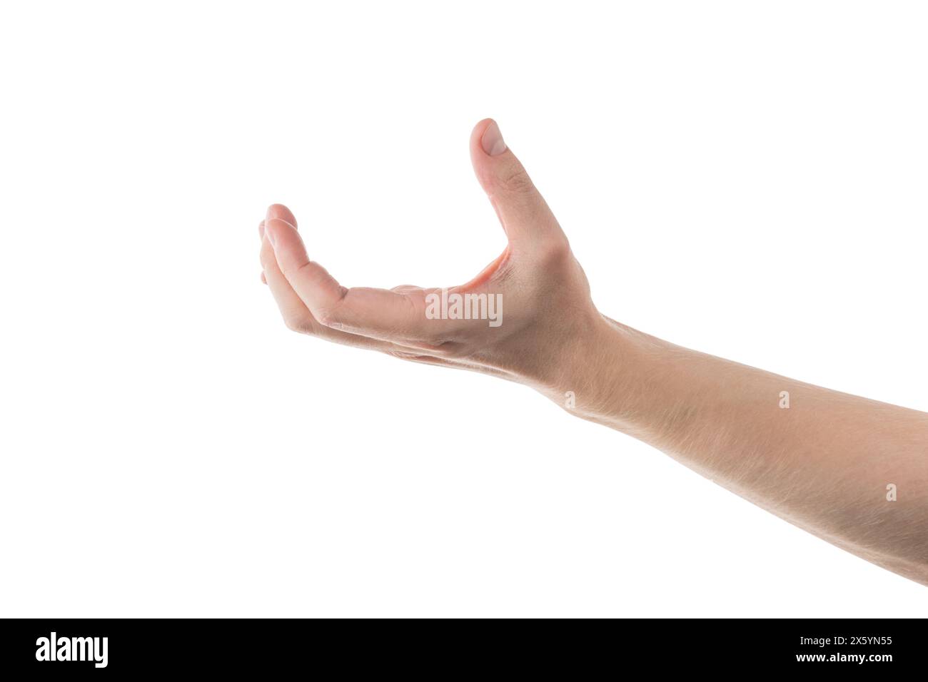 Young adult man hand hold something in isolated on white background ...