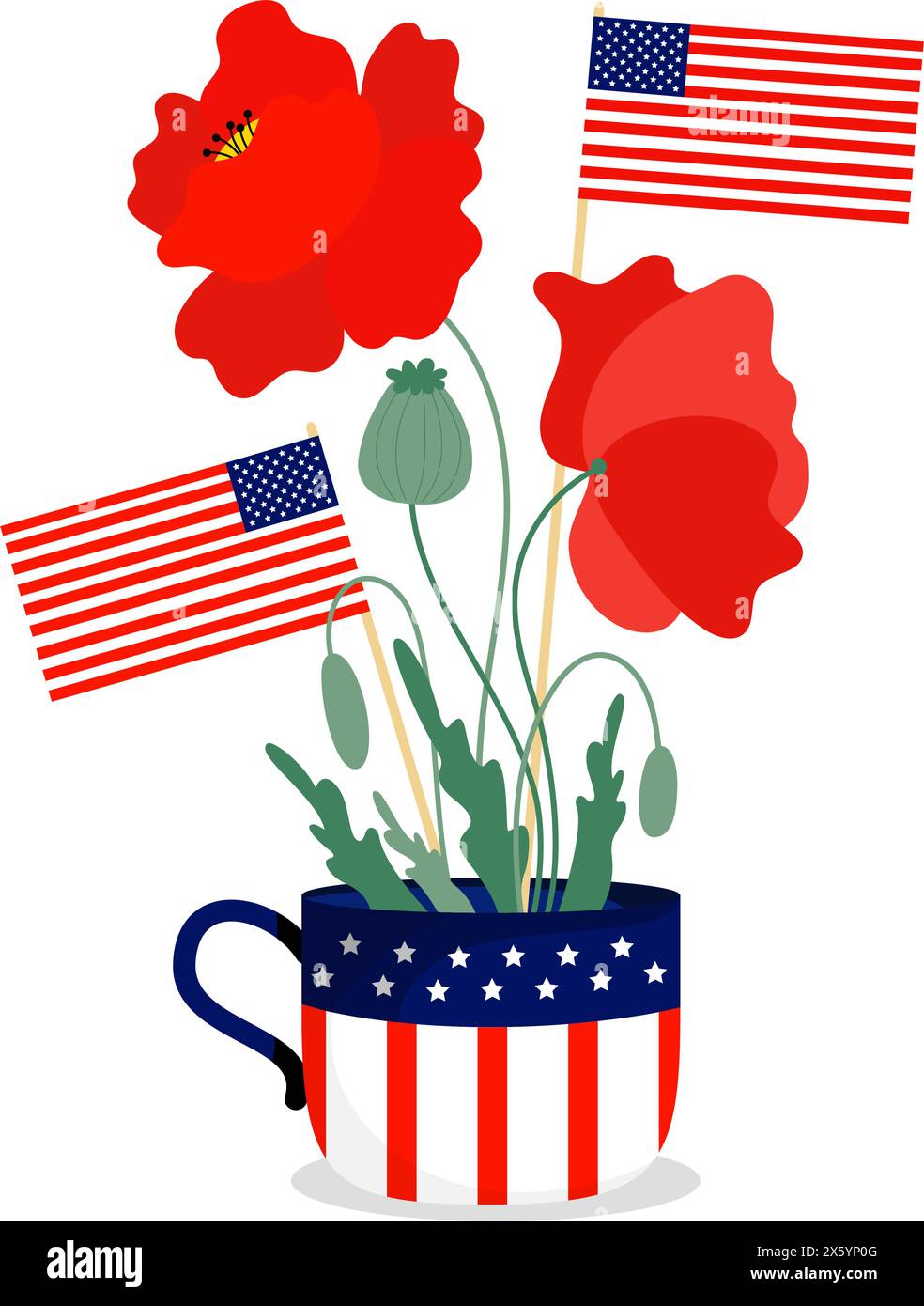 Memorial Day. American flags in symbolic cup with red poppy flowers ...