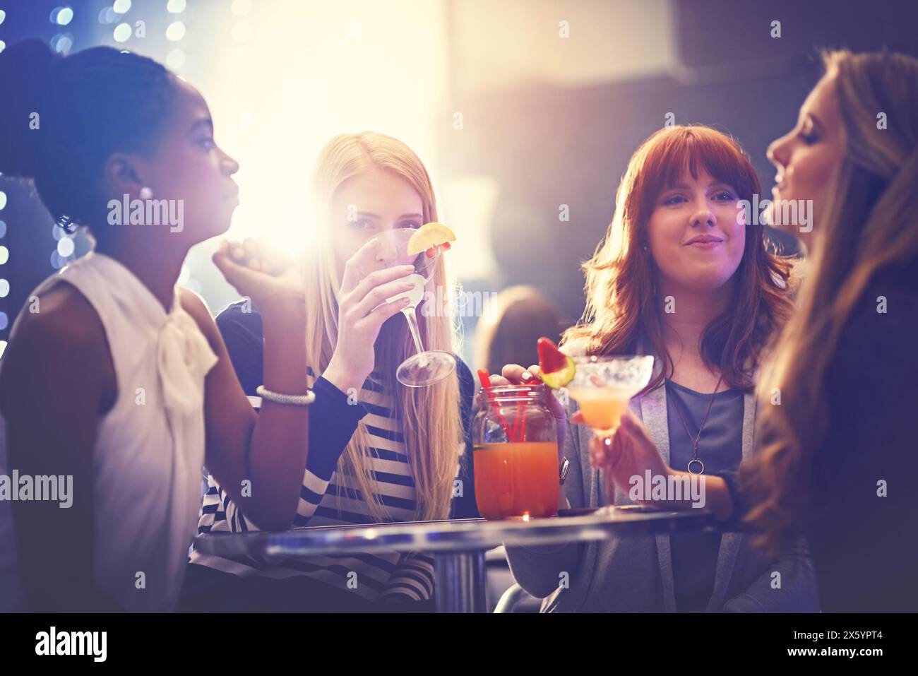 Nightclub, friends and women with cocktails, social gathering and ...