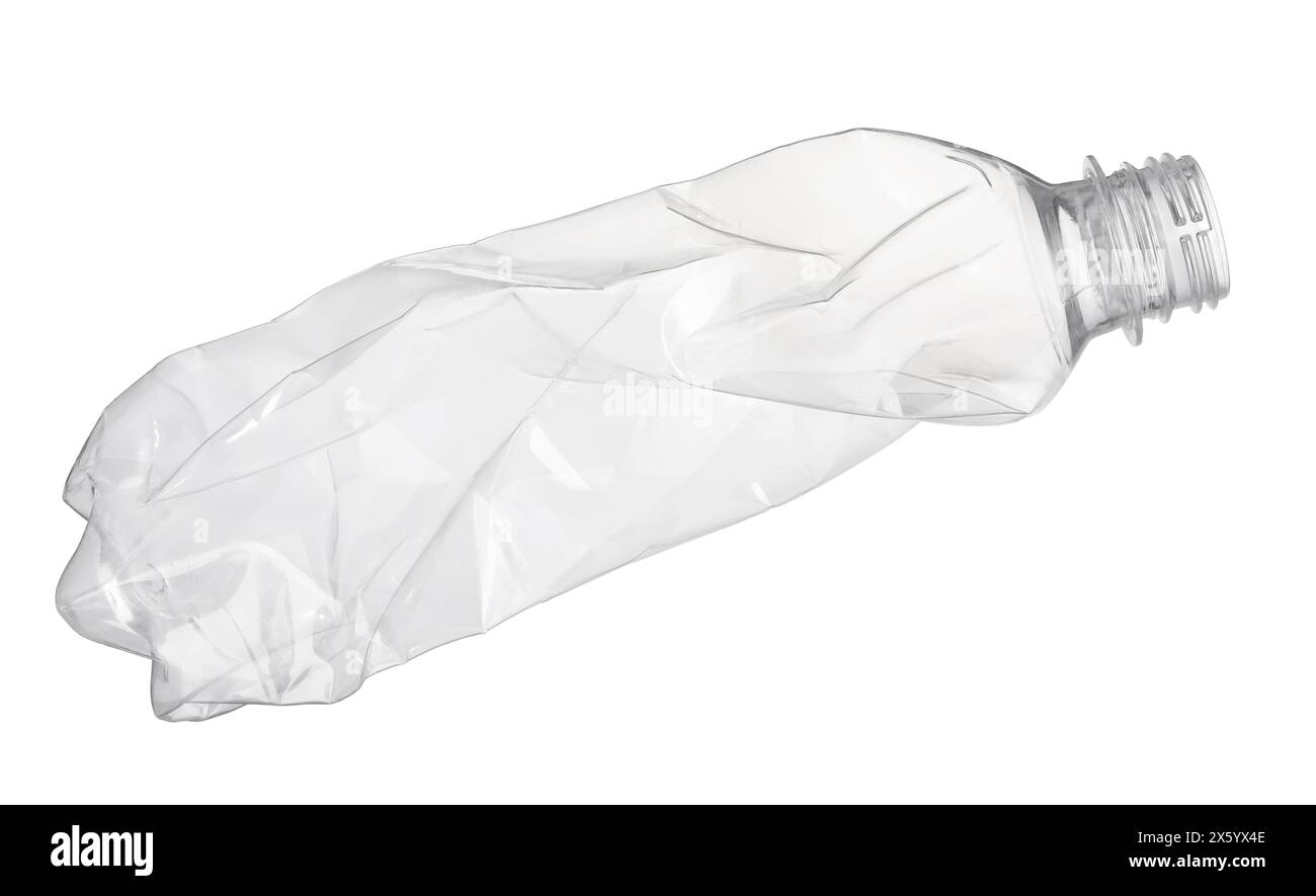 Crumpled disposable plastic bottle isolated on white Stock Photo - Alamy