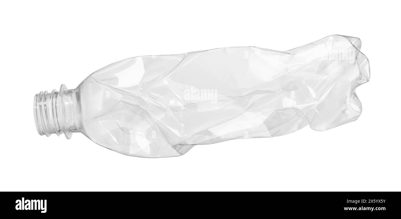 Crumpled disposable plastic bottle isolated on white Stock Photo - Alamy