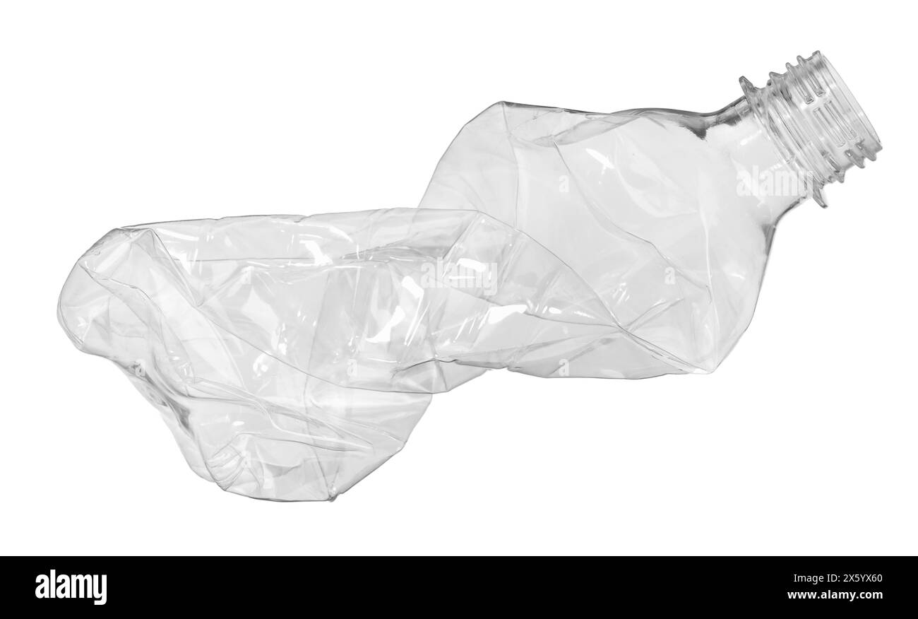 Crumpled disposable plastic bottle isolated on white Stock Photo - Alamy