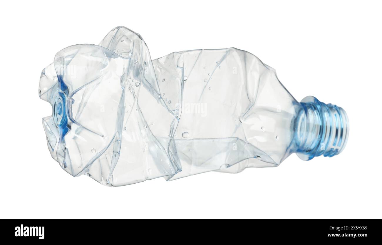 Crumpled disposable plastic bottle isolated on white Stock Photo - Alamy