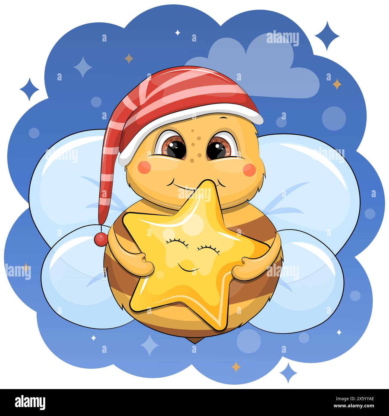 Cute cartoon bee wearing a nightcap and holding a yellow star. Night ...