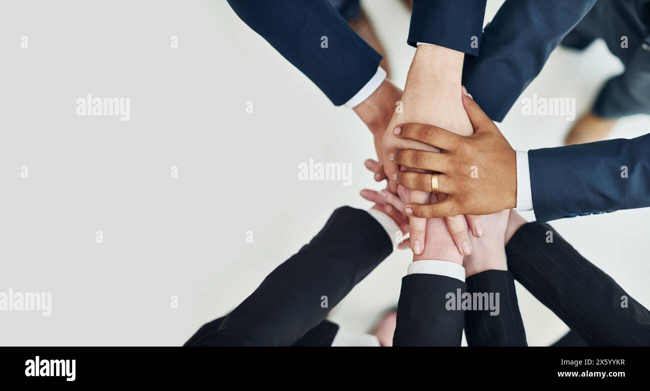 Business people, hands and stack for team support as top view with ...