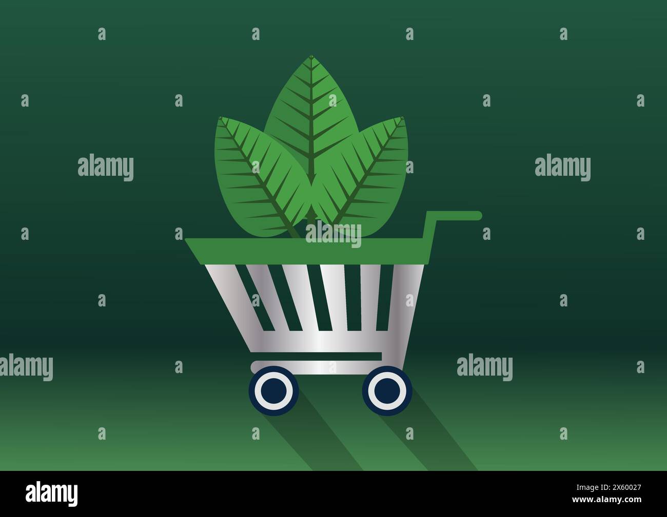 Eco shopping cart with green leaves on dark green background. Vector ...