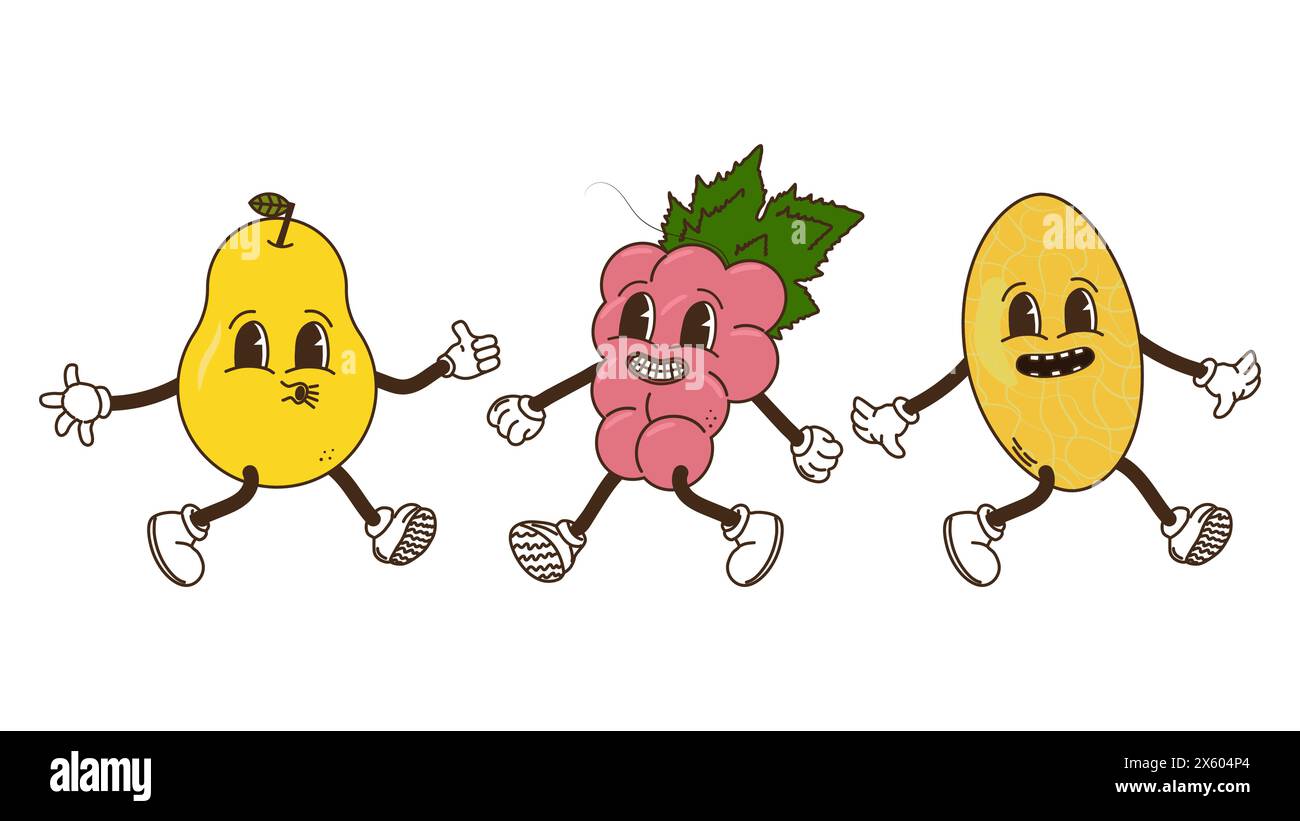 Fruits and berries in groovy style set. Pear melon and grapes ...