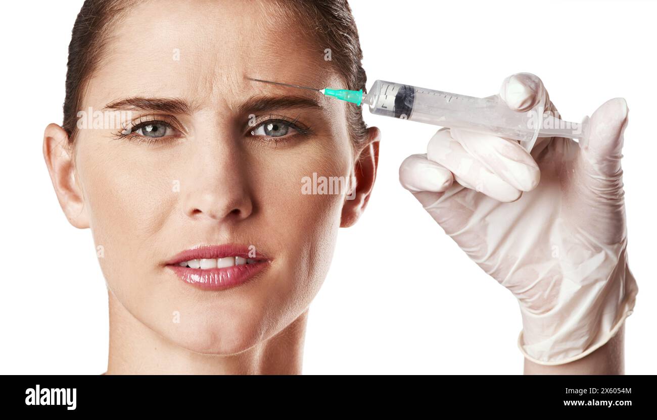 Woman, face and syringe in hand with glove for dermatology, skincare ...