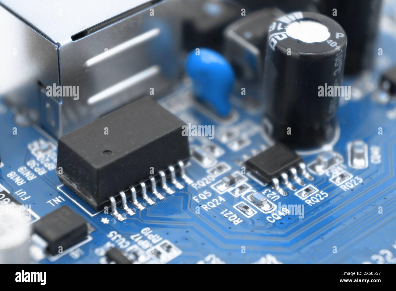 Macro shot of Circuit board with resistors microchips and electronic ...