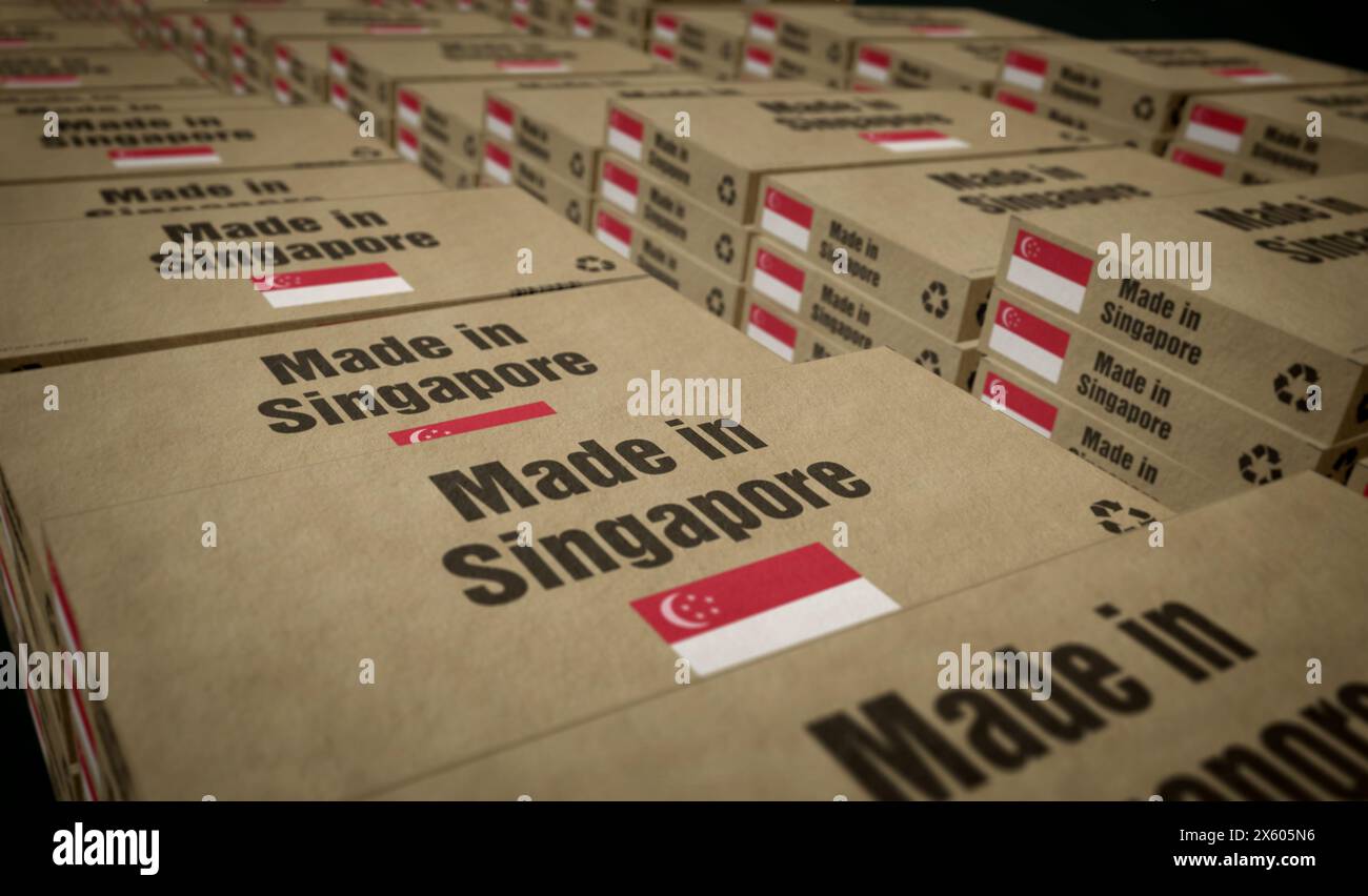 Made in Singapore box production line. Singaporean flag manufacturing and delivery. Product ...