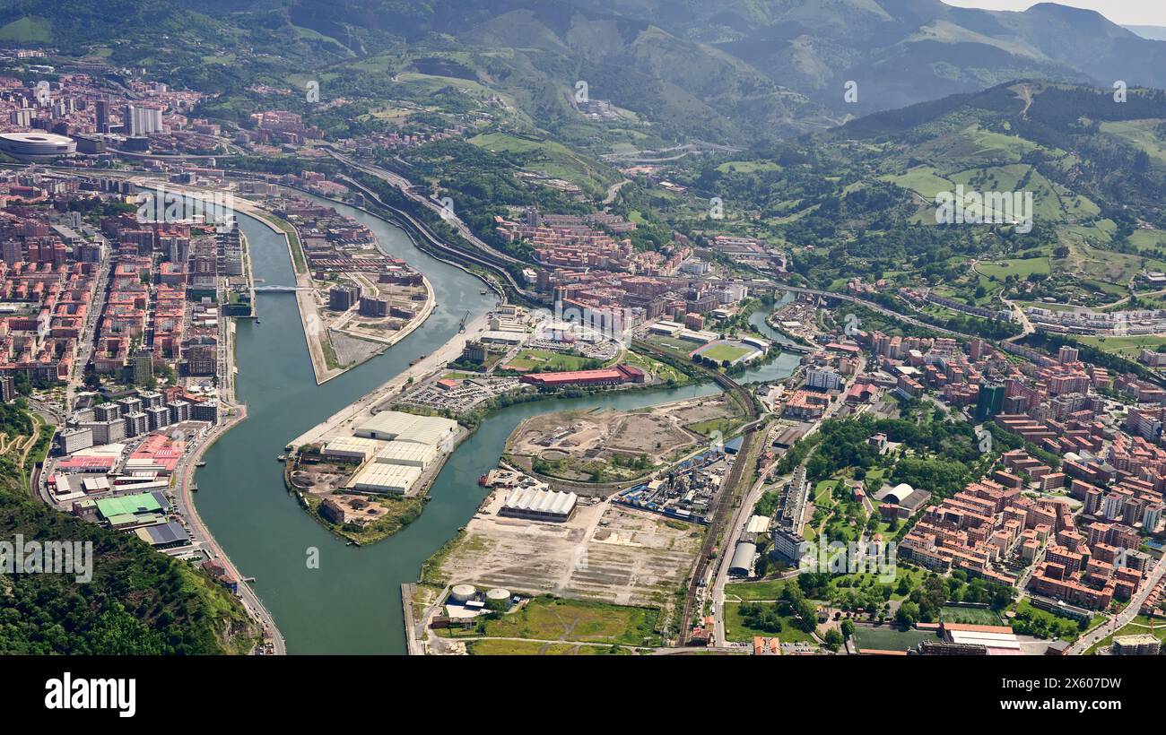 Aerial photography of Bizkaia with the Nervión river, Bilbao, Luchana ...