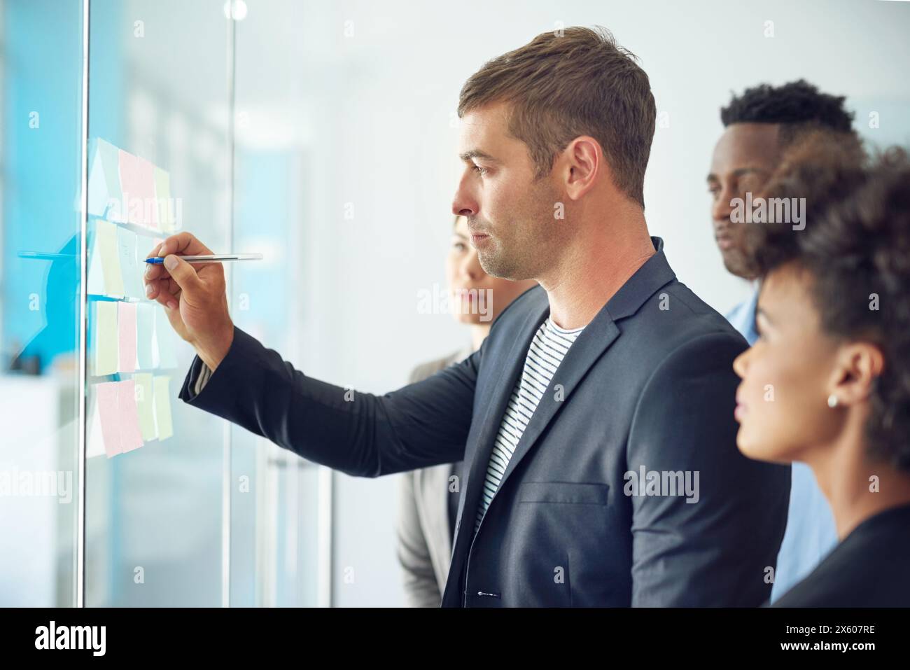 Glass wall, business people and brainstorming with thinking, writing ...