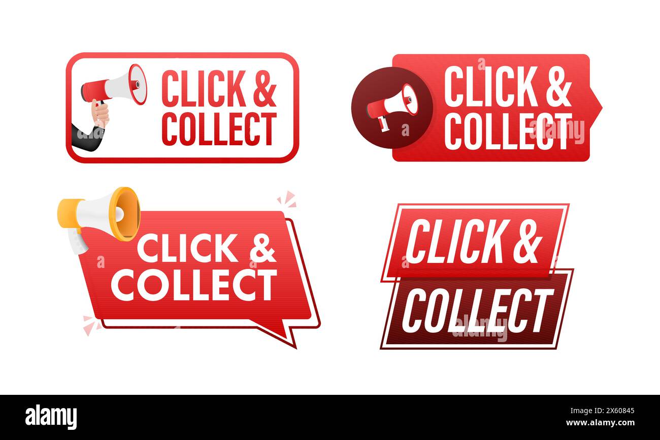 Click and collect text with Megaphone label set. Megaphone in hand ...