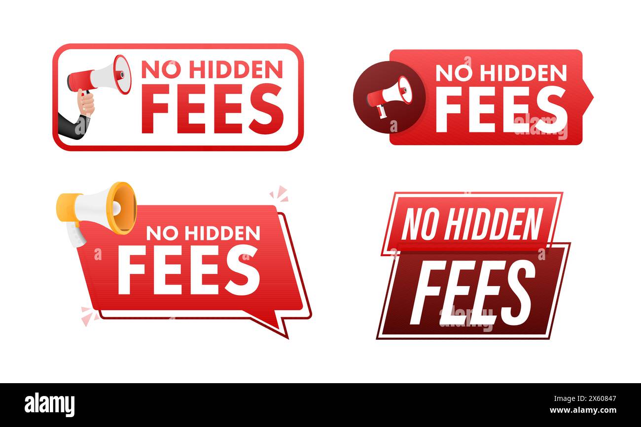 No Hidden Fees text with Megaphone label set. Megaphone in hand ...