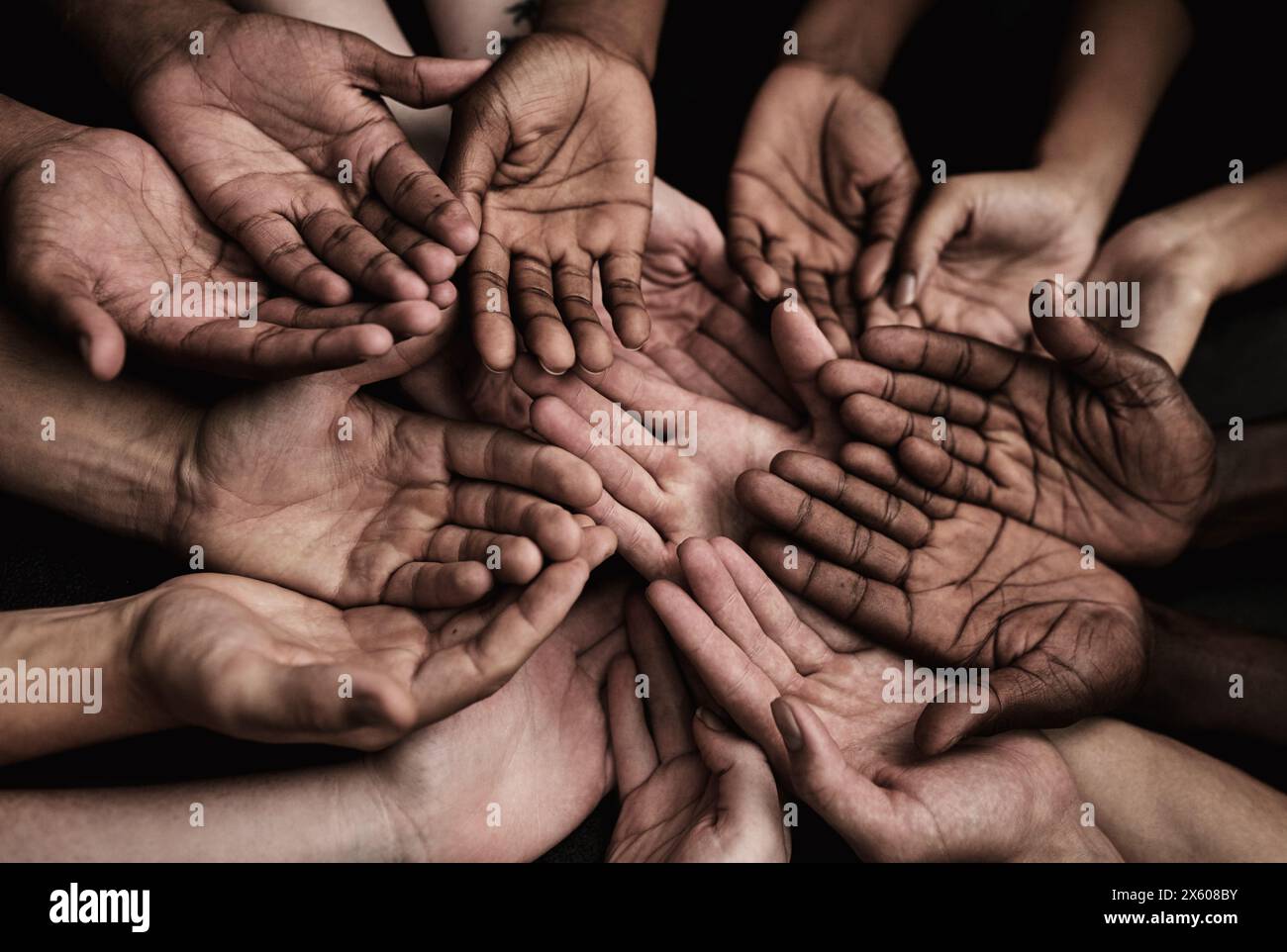 Hands, people and beg with gesture for symbol with poor group or ...