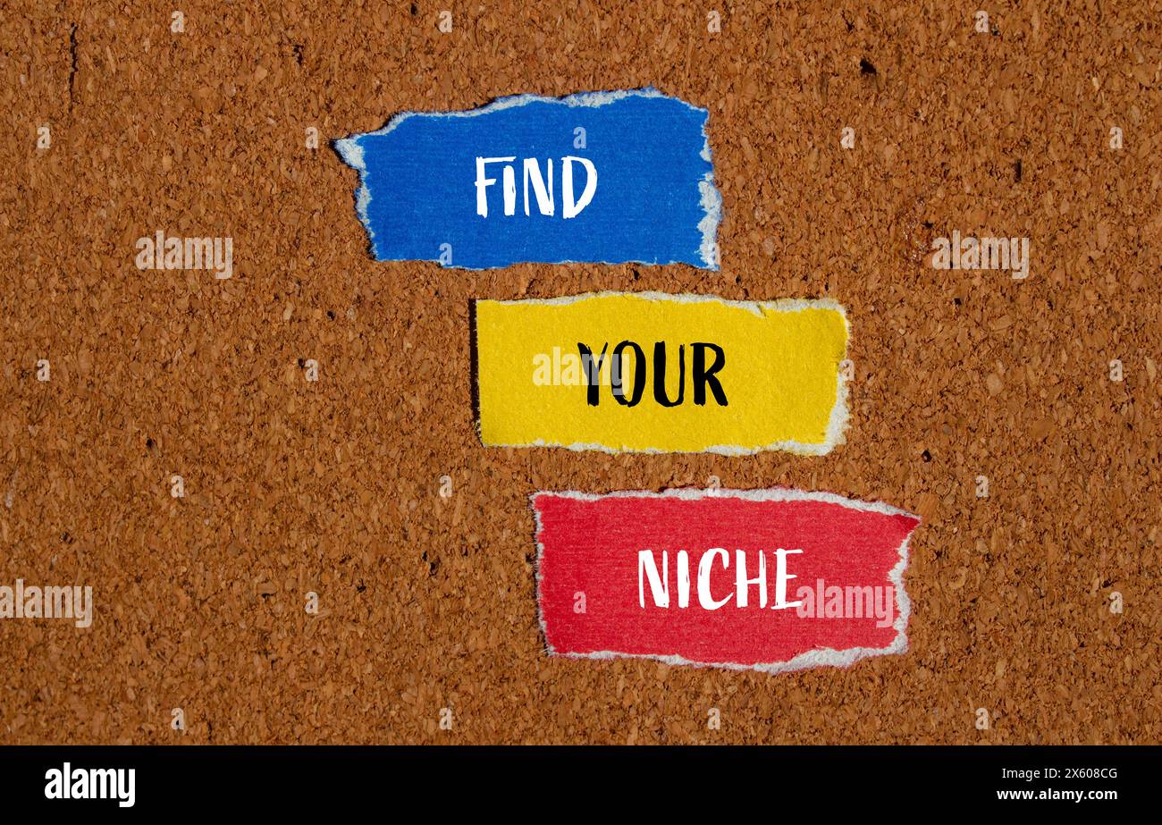 Find your niche words written on ripped paper pieces with brown ...