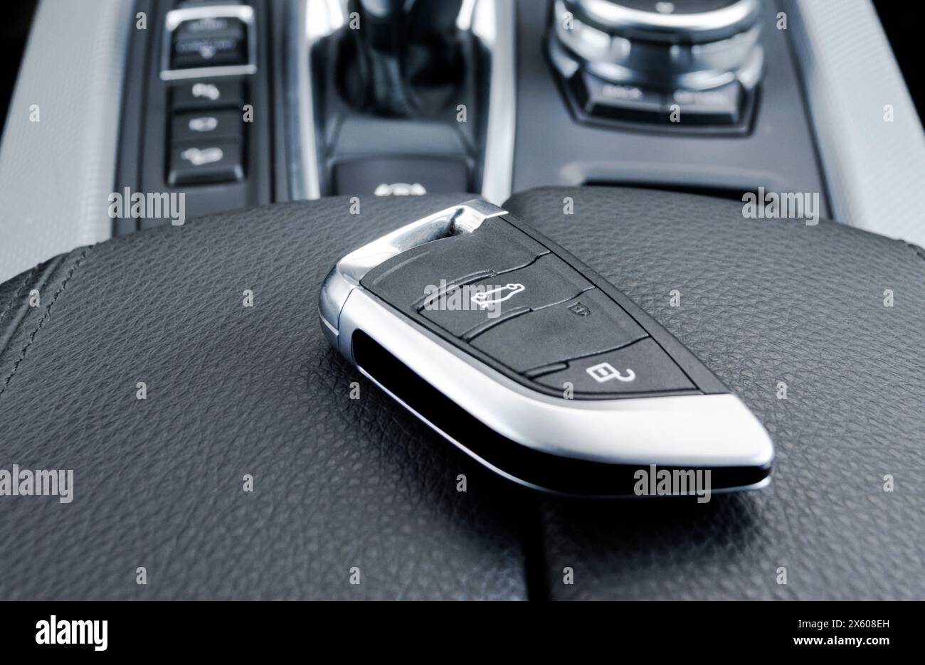 Closeup inside vehicle of wireless key ignition. Start engine key. Car ...